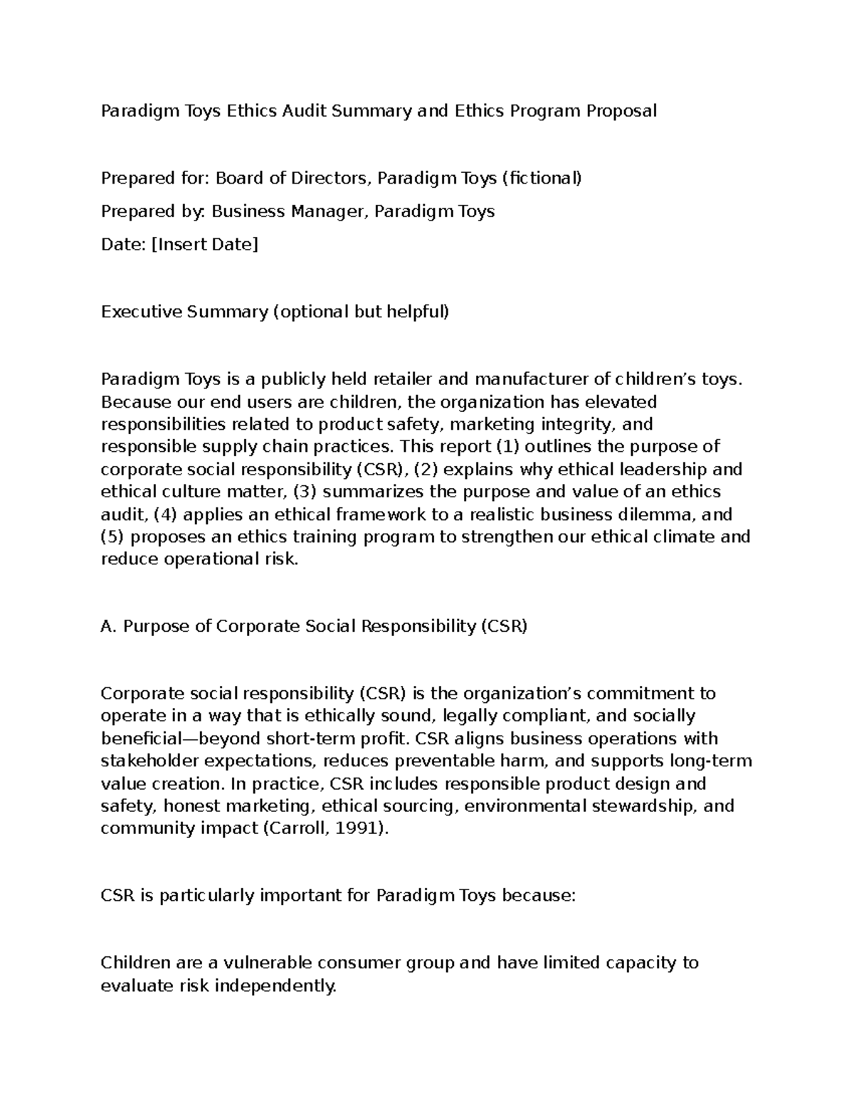 C206 T2 Ethics Audit Summary & Program Proposal for Paradigm Toys - Studocu