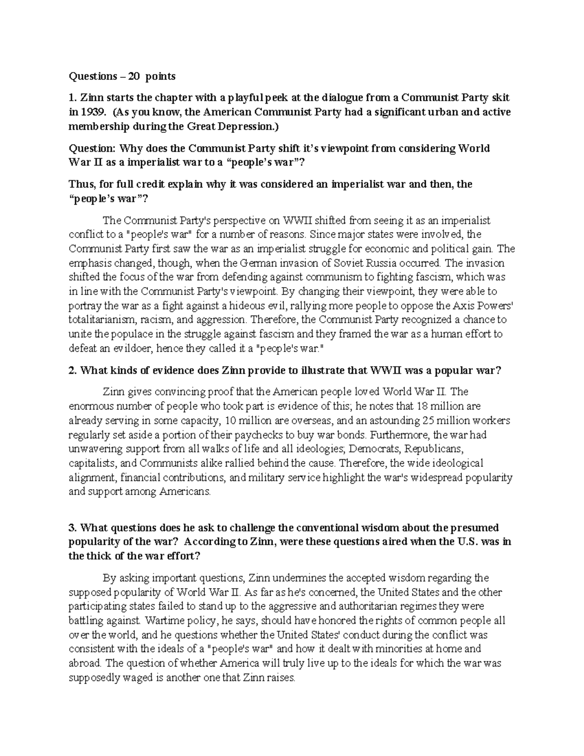WWII Insights: Zinn's A People's History - Ch. 16 Analysis & Questions ...
