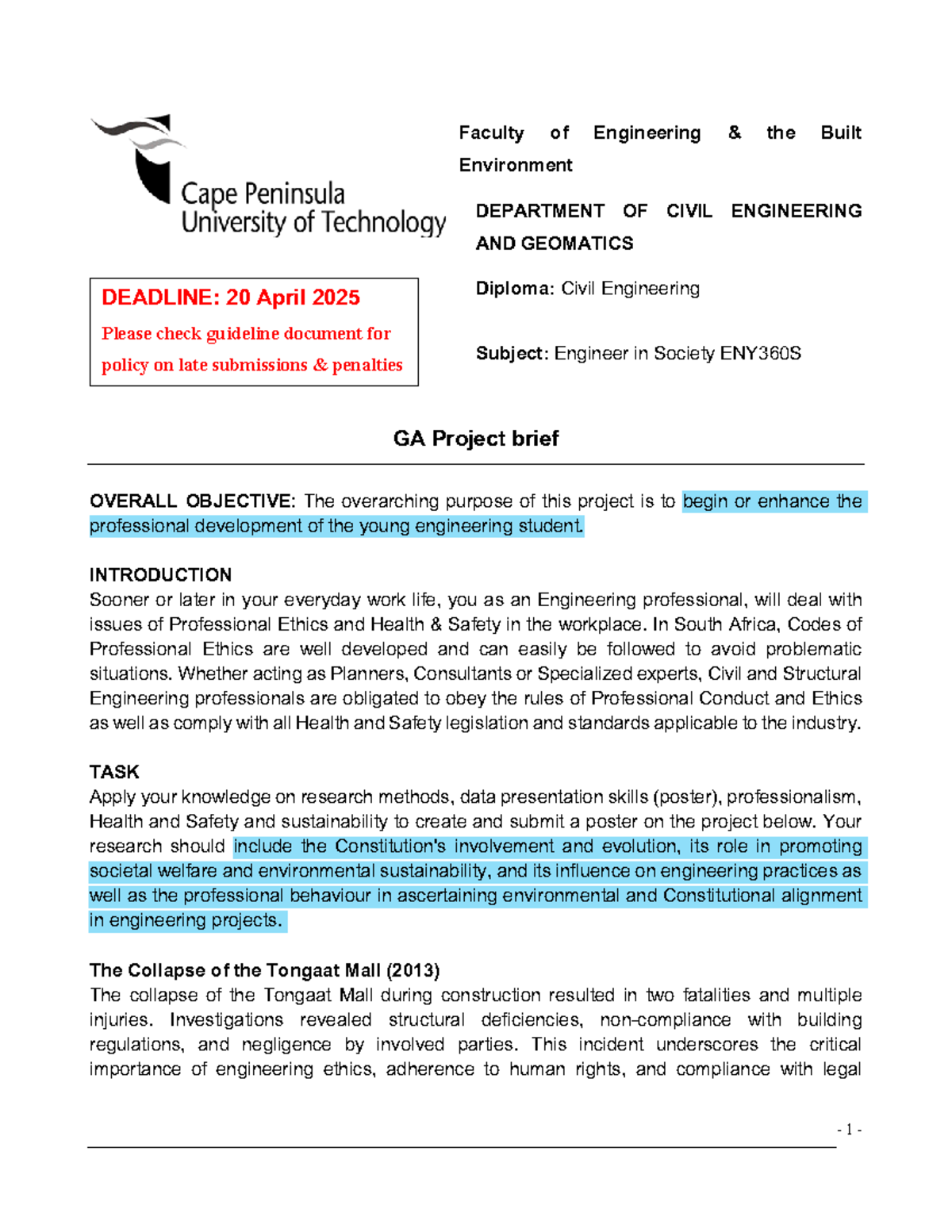 ENY360S GA Project Brief: Engineering Ethics & the Tongaat Mall ...
