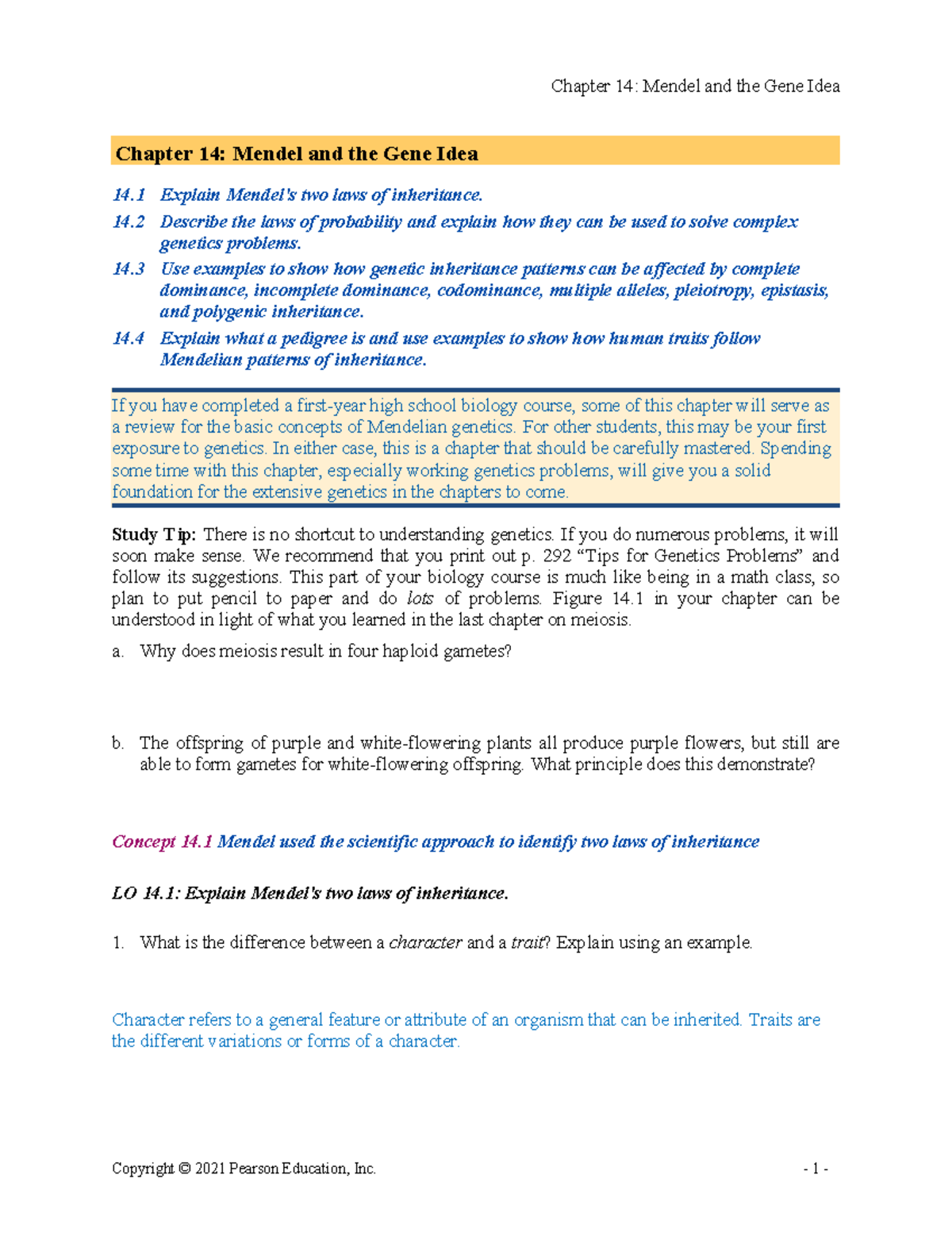 BIOL 108 Chapter 14 ARG - Chapter 14: Mendel and the Gene Idea 14 ...