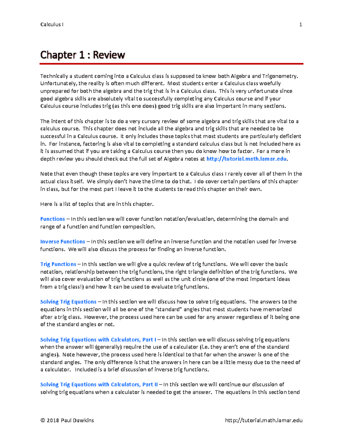 Calculus I 1 Chapter 1: Essential Algebra & Trig Review - Studocu