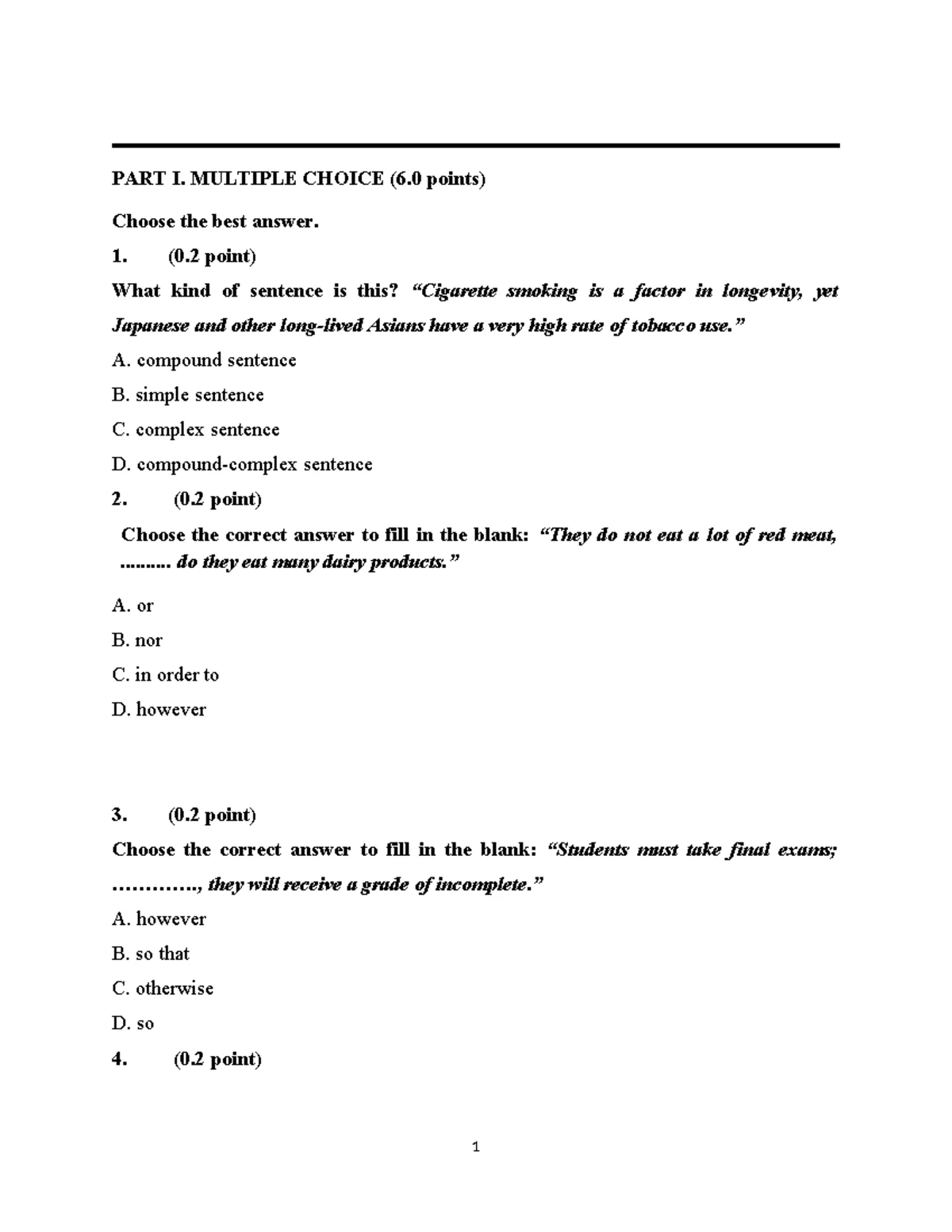 Final Exam - ENGL 167: Test 2 on Conjunctions and Sentence Structure ...