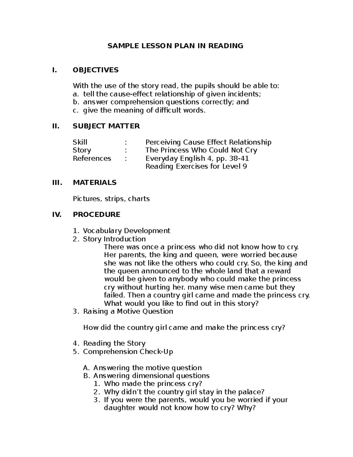 Sample Reading Lesson Plan: Understanding Cause-Effect Relationships ...