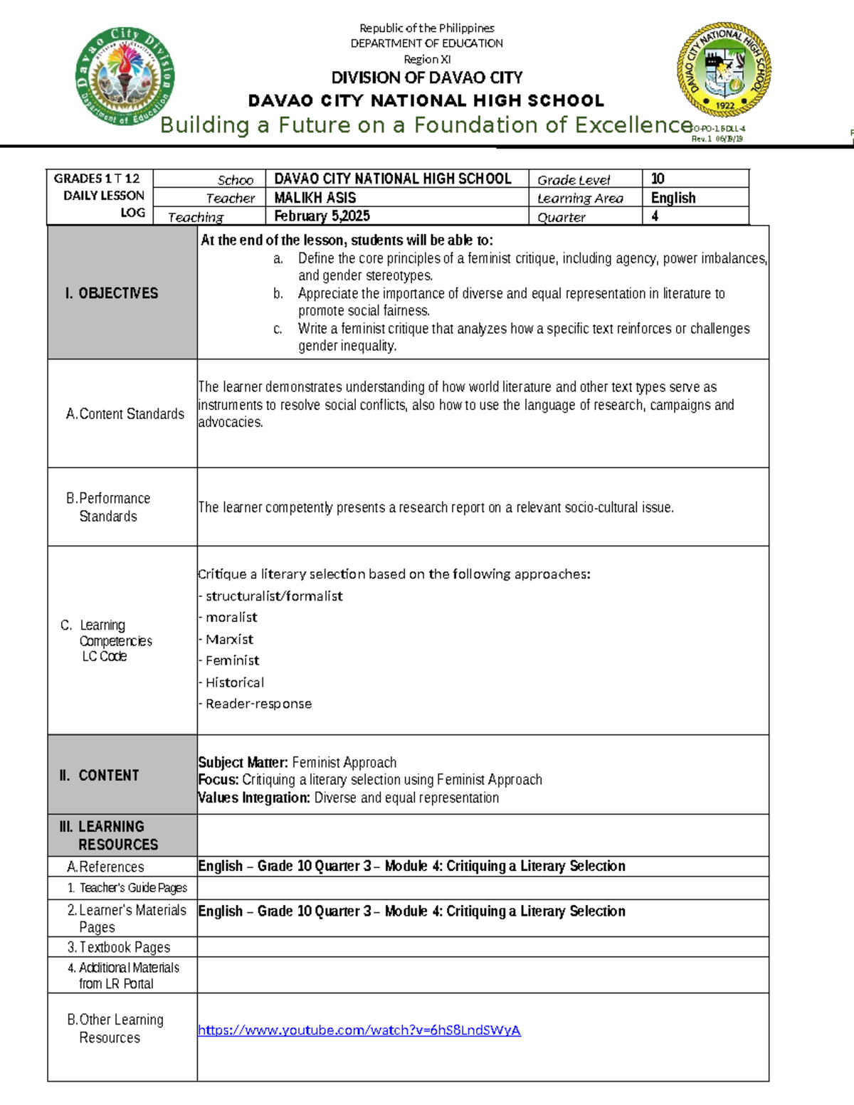 Grade 10 English Lesson Plan: Feminist Approach to Literature - Studocu