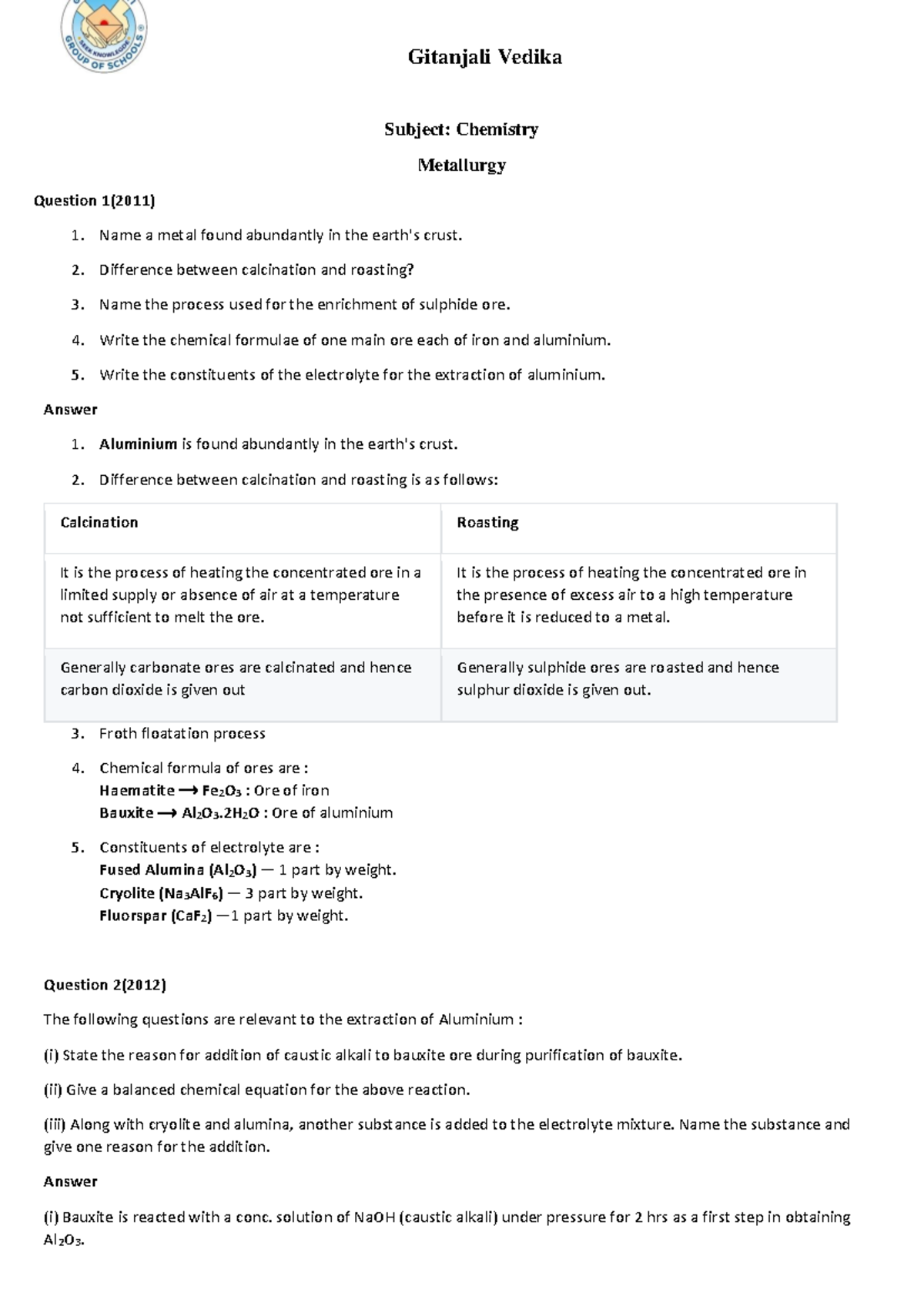 Metallurgy Questions & Answers for Chemistry (CHEM 101) - Studocu