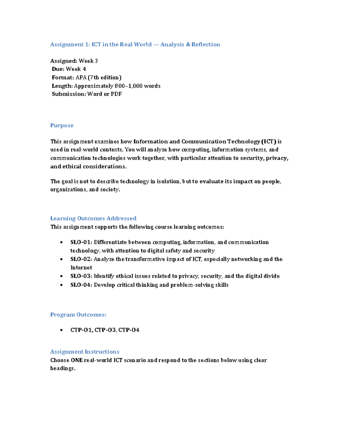 Assignment 1: ICT in the Real World Analysis & Reflection - Studocu