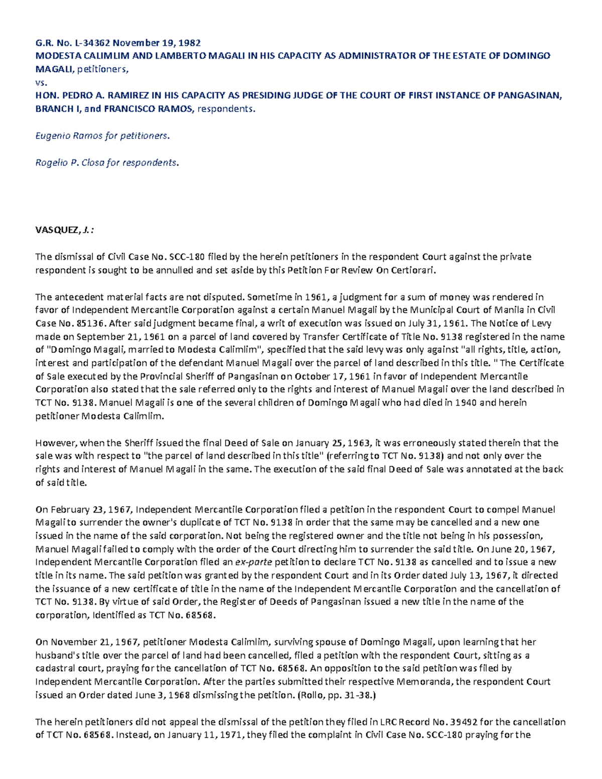 G.R. No. 180: Petition for Review on Certiorari - Calimlim vs. Ramirez ...