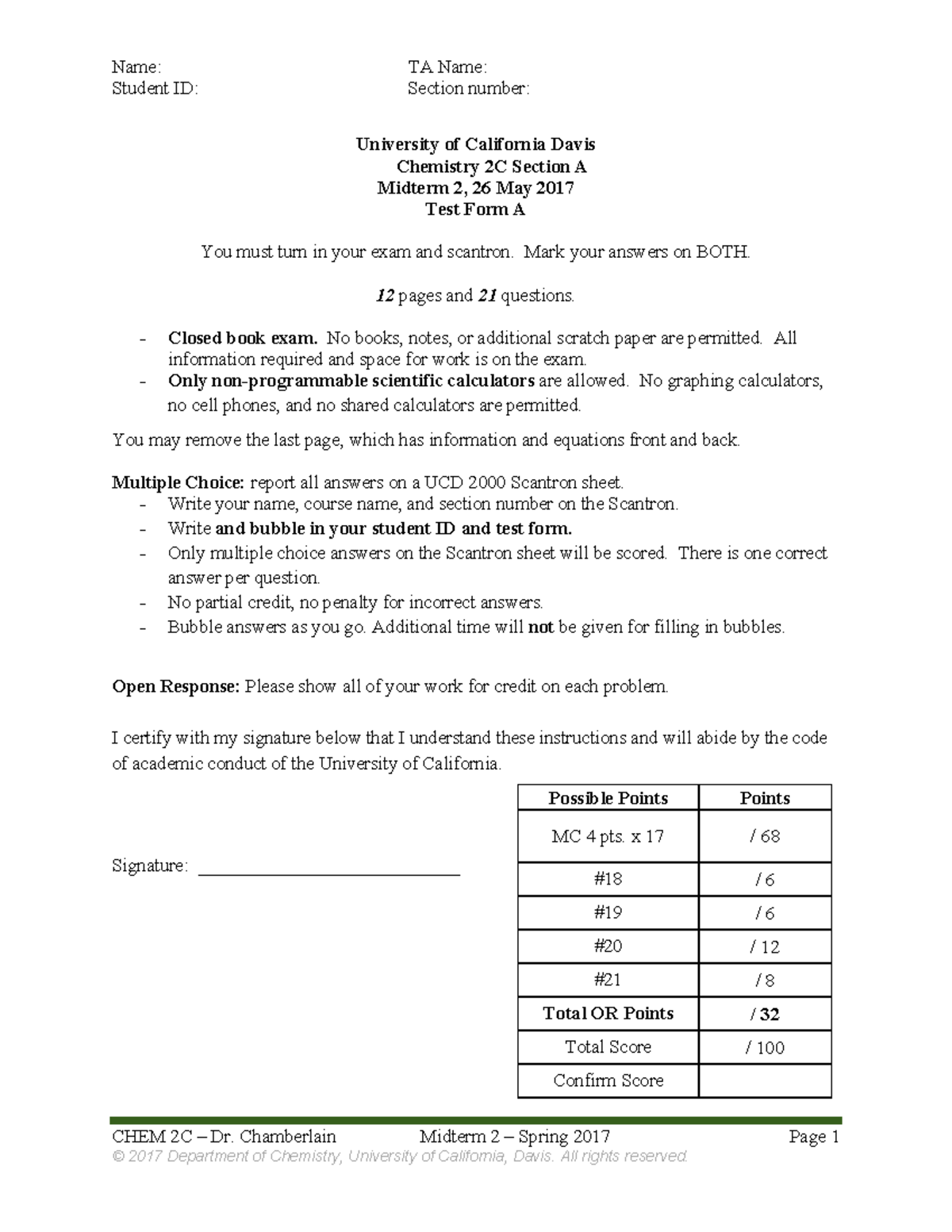 CHEM 2C Midterm 2 Exam Prep - Spring 2017 Form A Review - Studocu