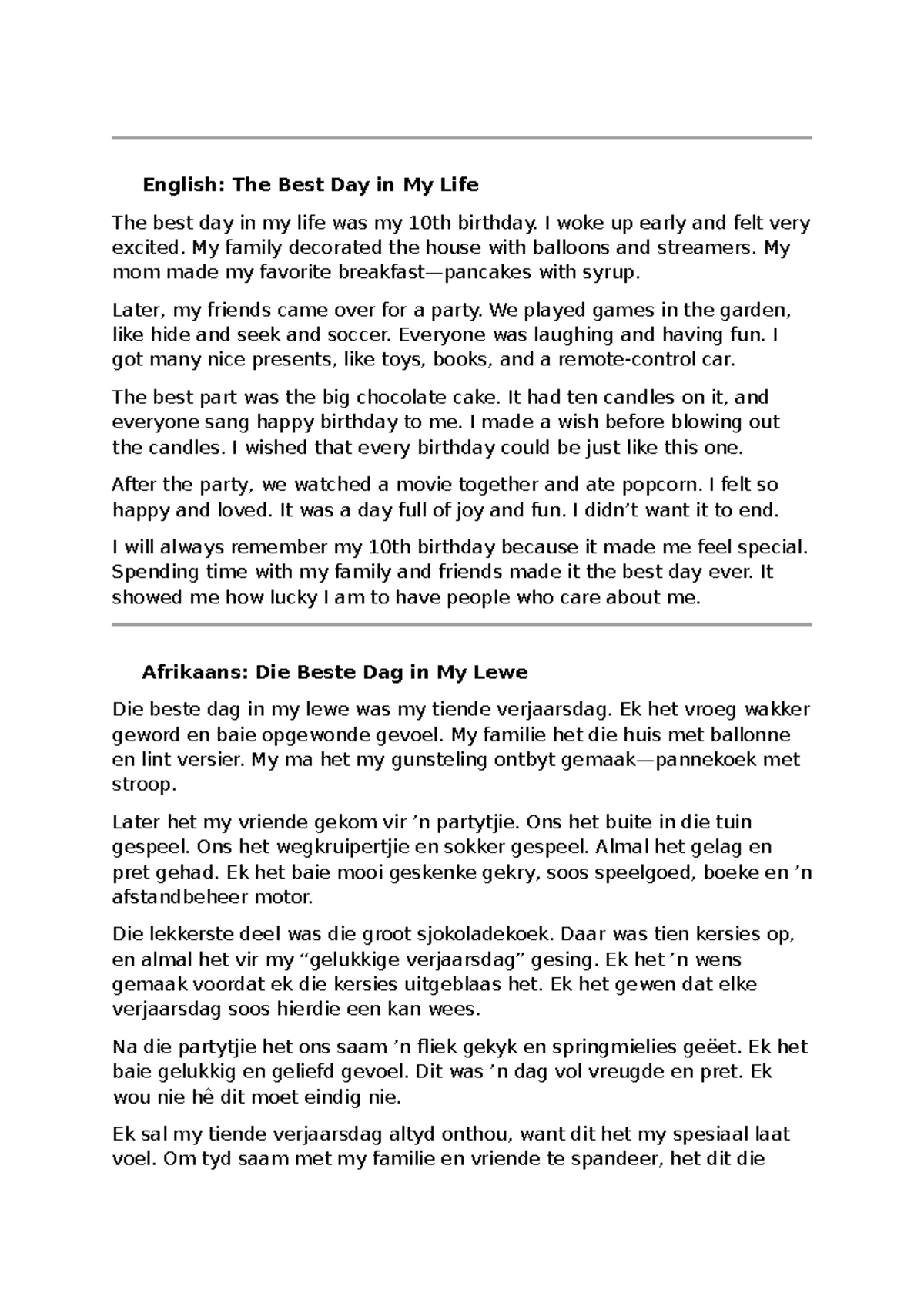 ENG 101: The Best Day in My Life - My 10th Birthday Essay - Studocu