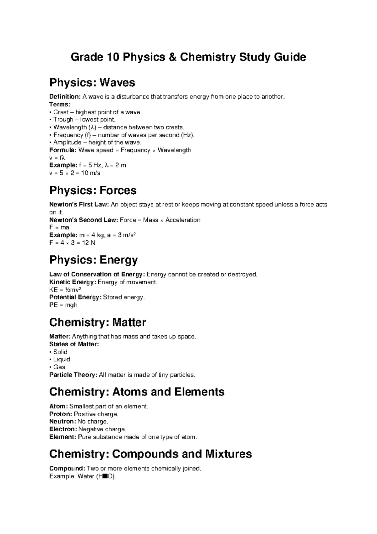 Grade 10 Physics & Chemistry Study Guide: Waves, Forces, & Energy - Studocu
