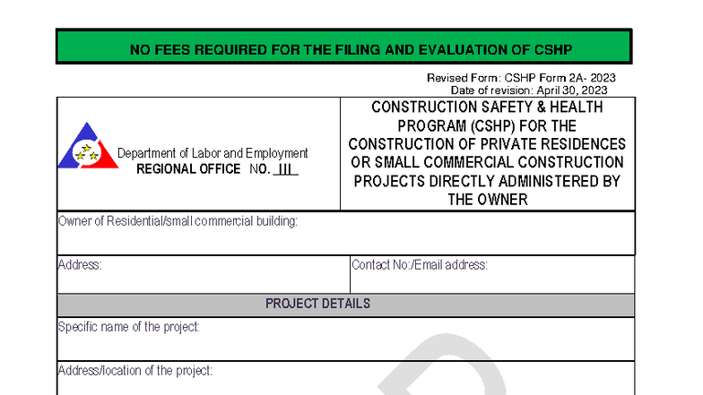 CSHP Form 2023: No Fees for Filing & Evaluation of Construction ...