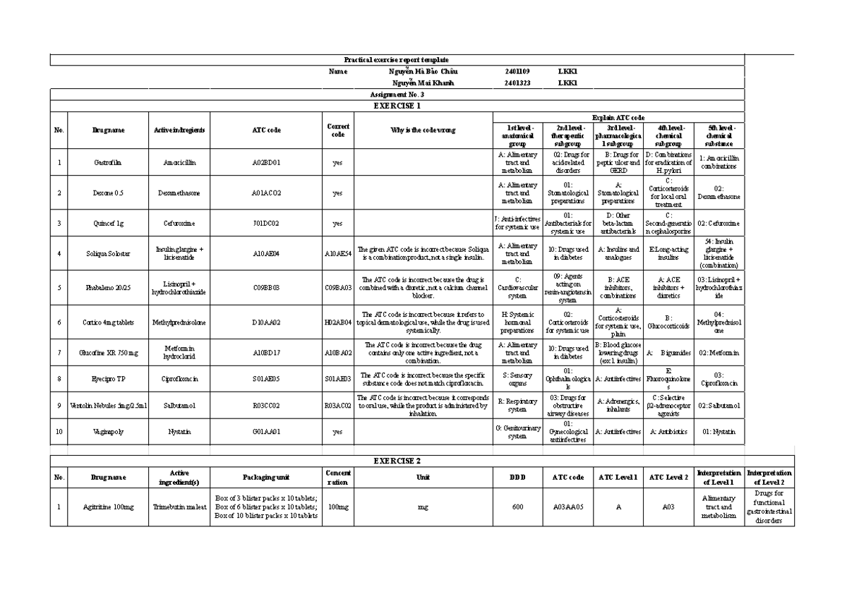 Practical Exercise Report on ATC Codes - Assignment No. 3 (LKK1) - Studocu
