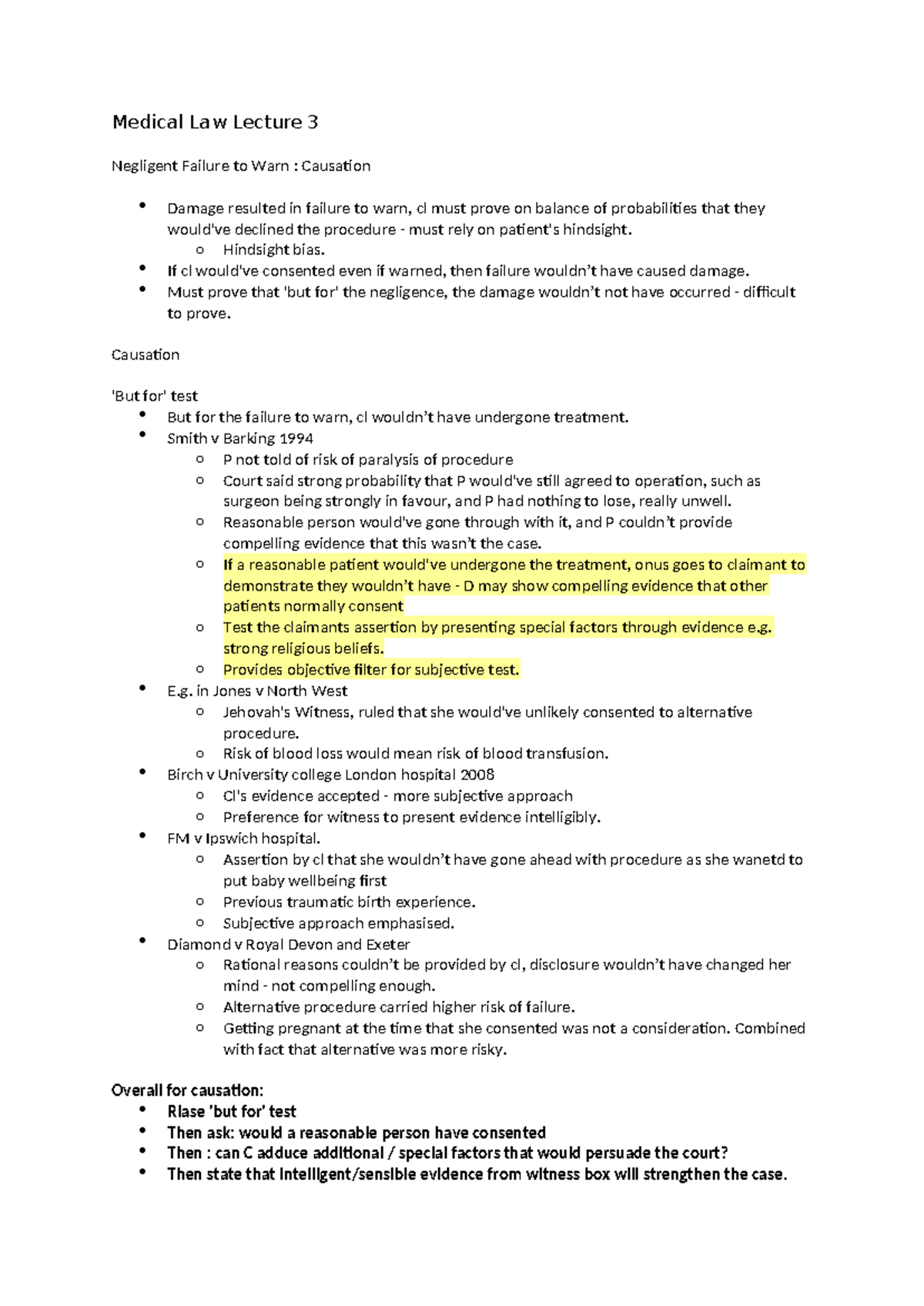 Medical Law Lecture 3: Negligent Failure to Warn and Causation - Studocu