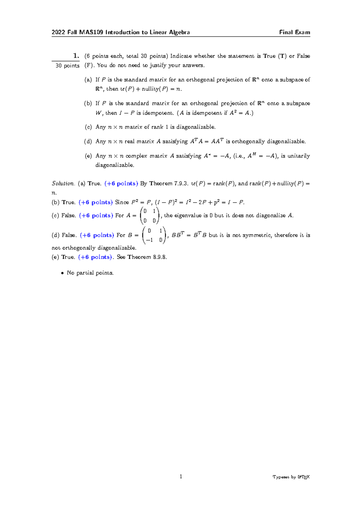 2022 Fall MAS109 Introduction to Linear Algebra Final Exam Solutions ...