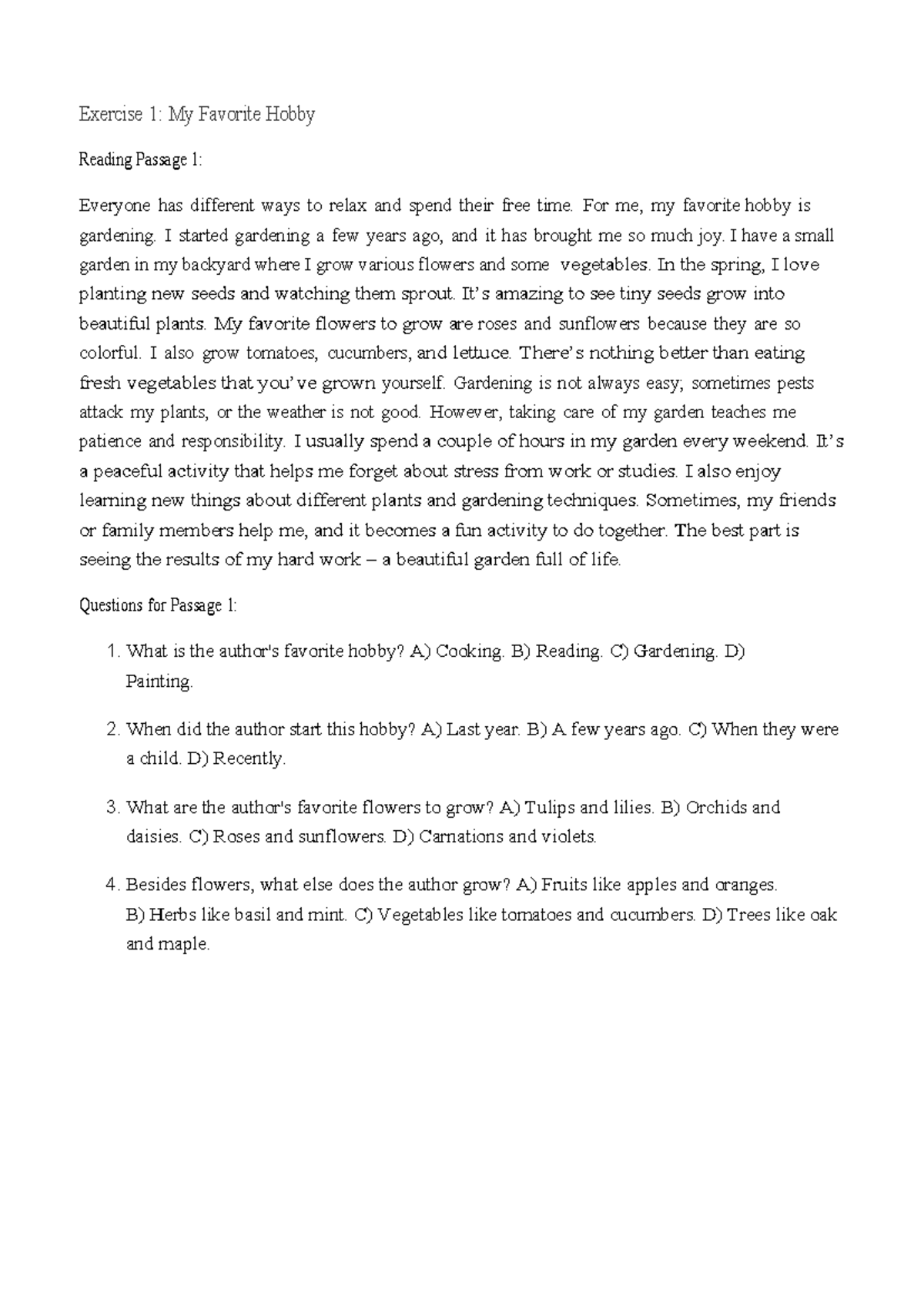 B1 Reading Exercises: Engaging Passages and Questions - Studocu