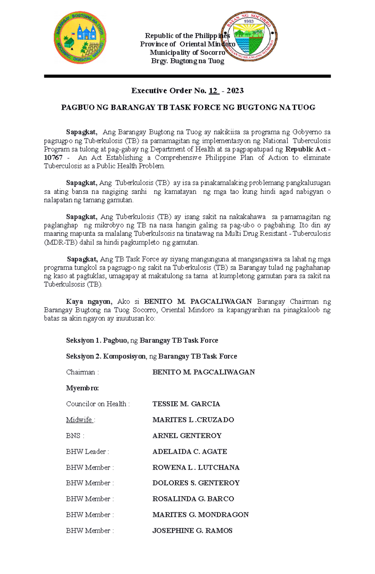Pagbuo ng Barangay TB Task Force ng Bugtong na Tuog - EO 12-2023 - Studocu