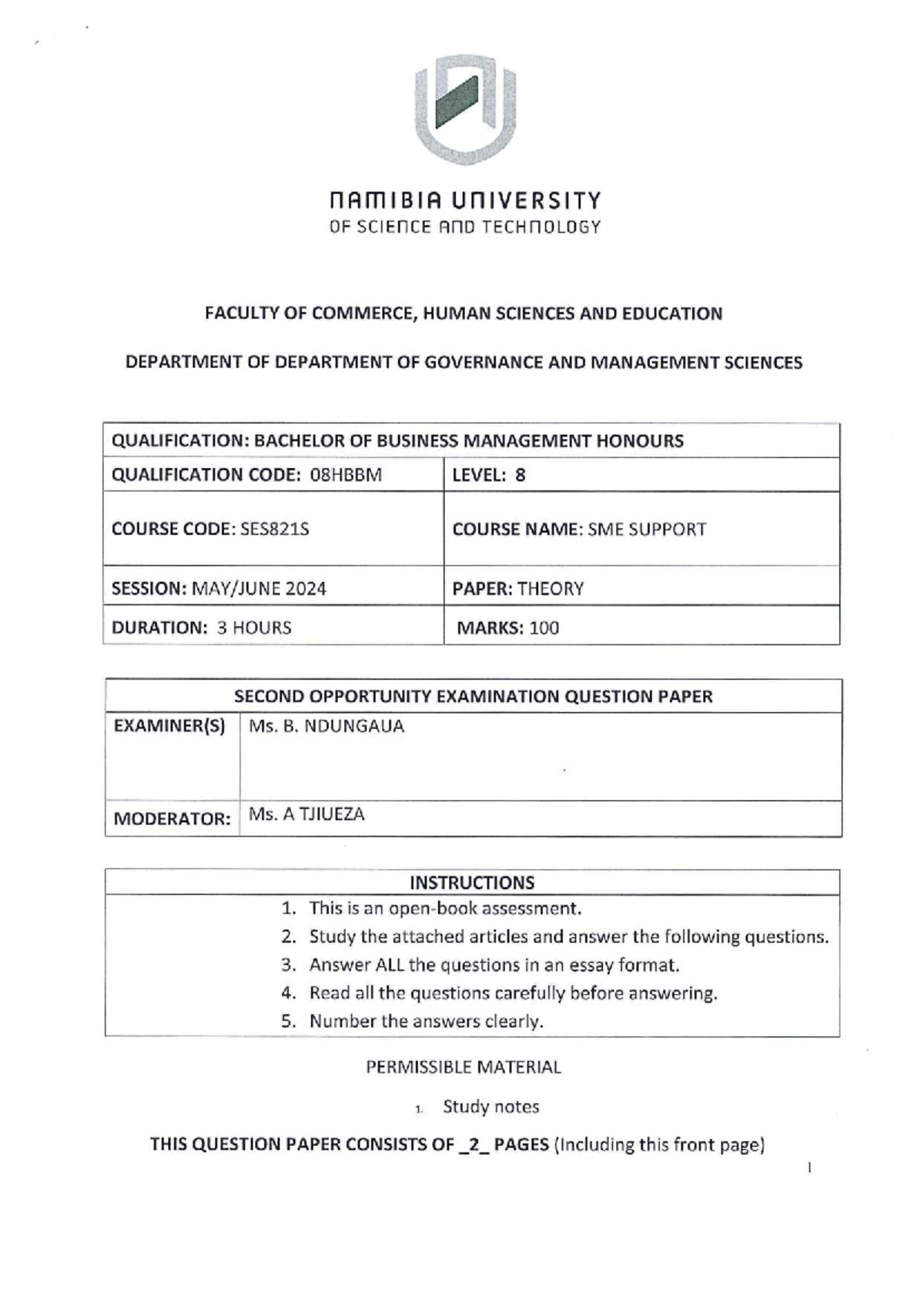 SES821S - SME Support Final Exam Paper (2024) - 3 Hours, 100 Marks ...