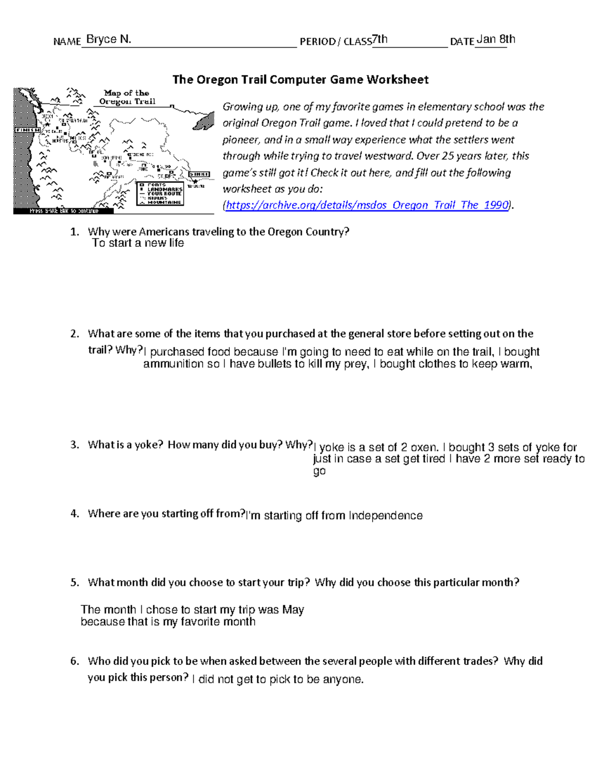Oregon Trail Game Worksheet - 7th Grade Activity Guide - Studocu
