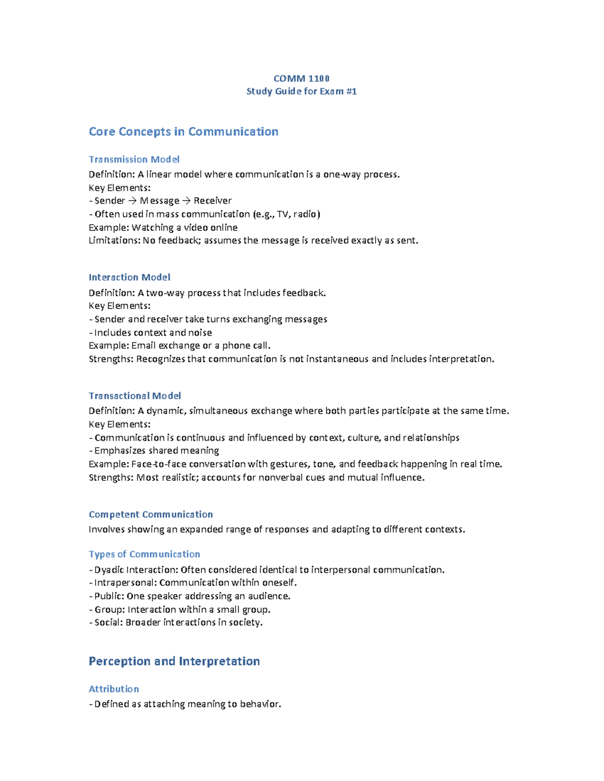 COMM 1100 Study Guide for Exam #1: Key Communication Models and Skills ...