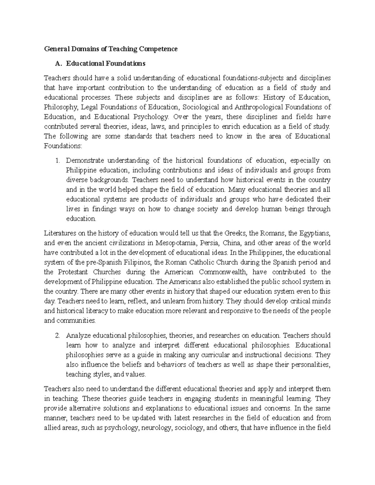 General Domains of Teaching Competence: Educational Foundations Lecture ...