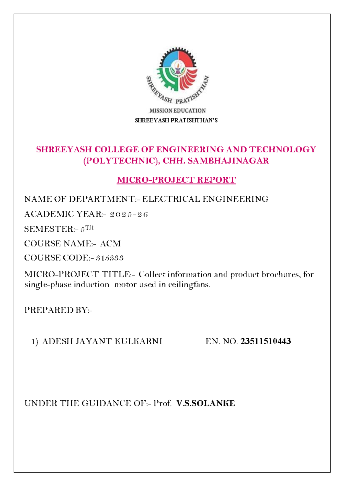 ACM Course Report: Induction Motors for Ceiling Fans - 5th Sem EE - Studocu
