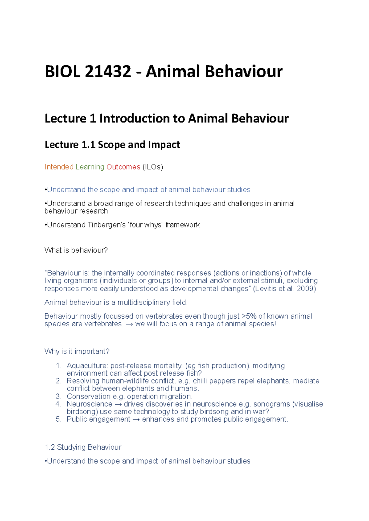 BIOL 21432 - Comprehensive Lecture Notes on Animal Behaviour - Studocu