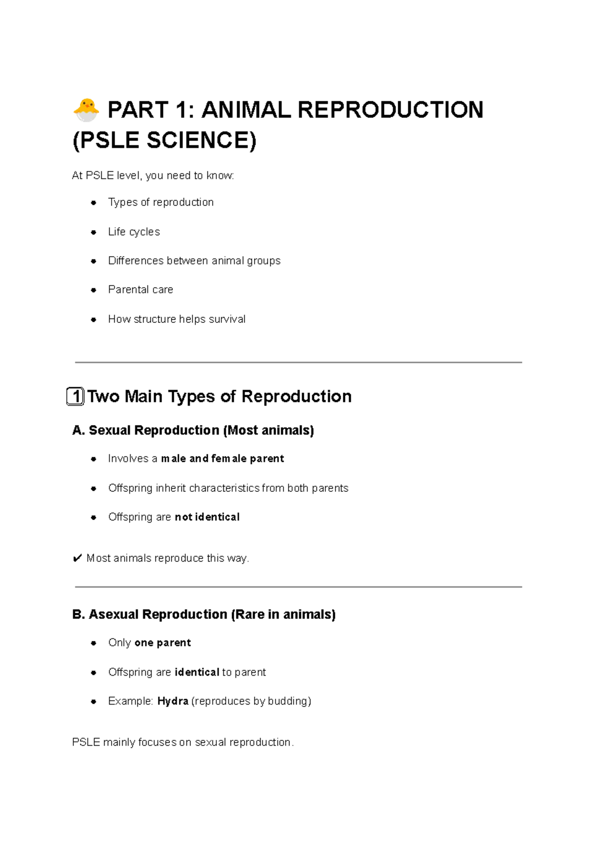 Animal Reproduction Overview (PSLE SCIENCE) - Studocu