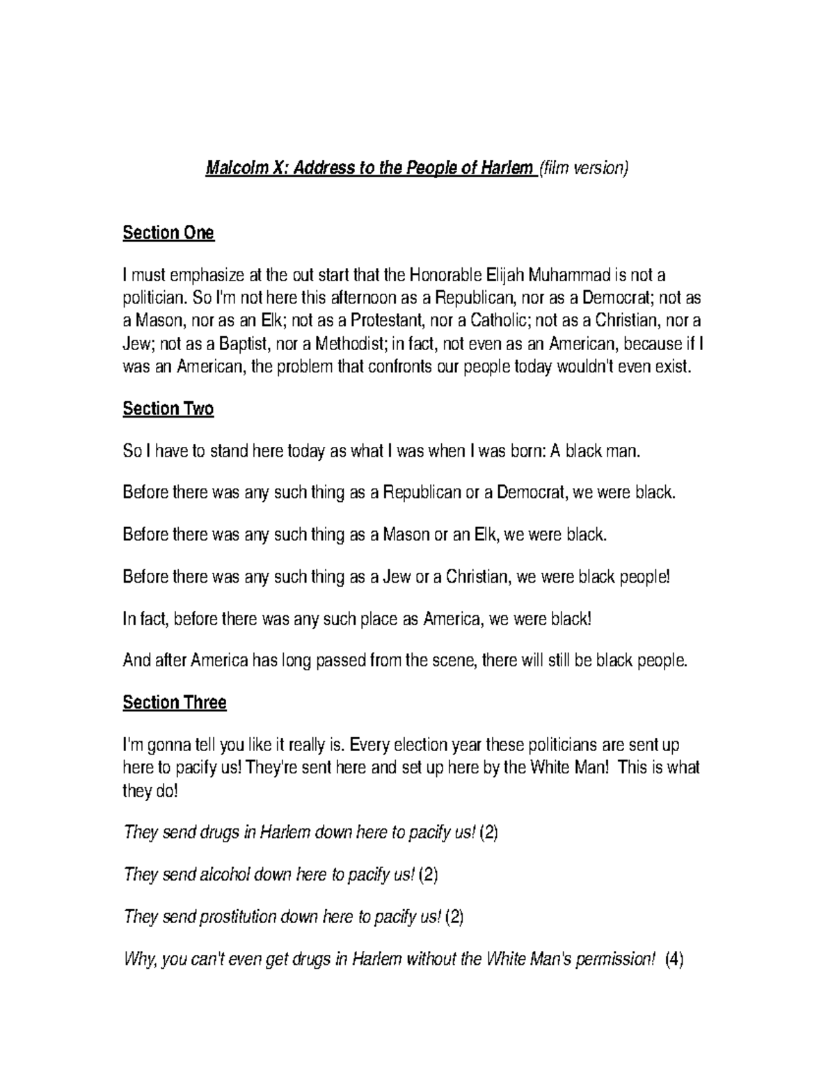 Malcolm X: Speech to Harlem - Transcript & Worksheet Analysis - Studocu