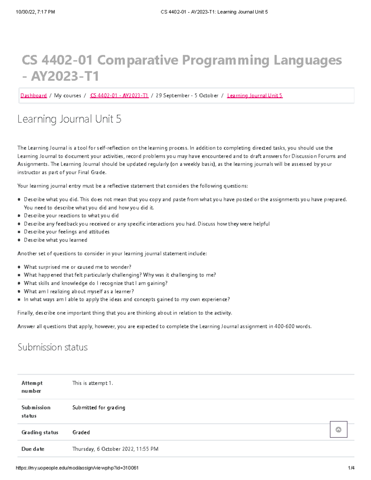 CS 4402-01 - AY2023-T1 Learning Journal Unit 5 - CS 4402-01 Comparative ...