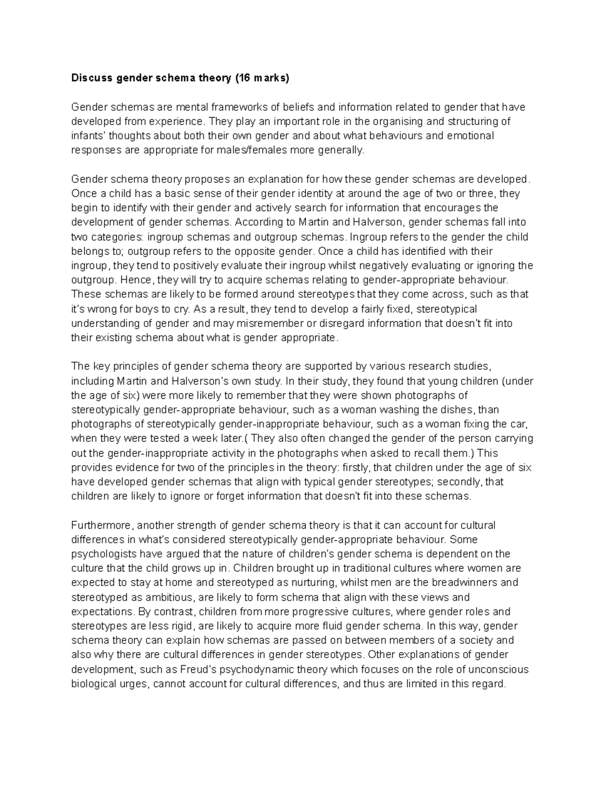 Gender Schema Theory: A* Essay Analysis (16 Marks) - Studocu