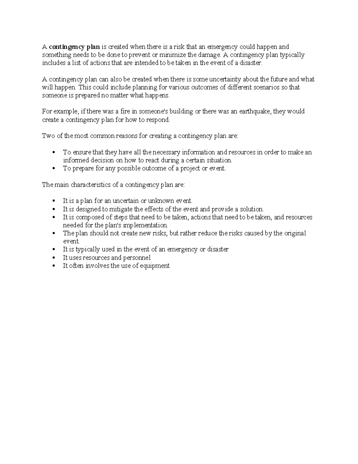 Contigency Planning - need the notes - A contingency plan is created ...