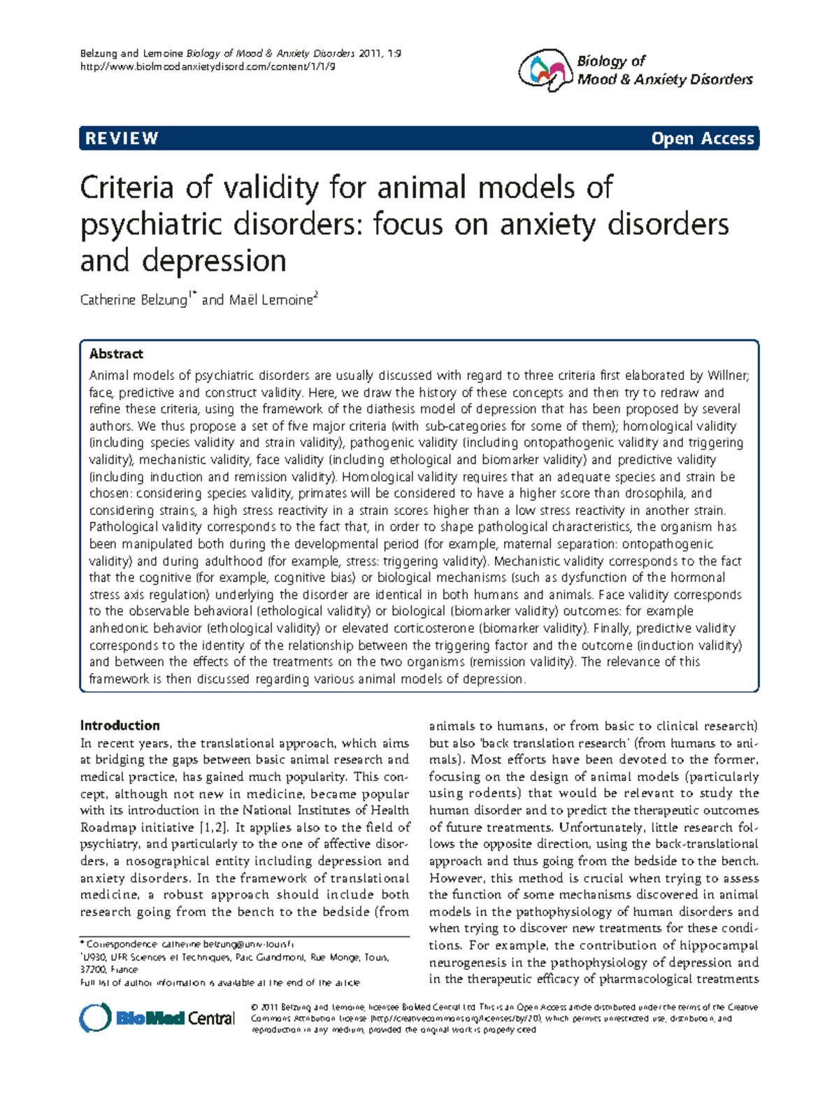 Criteria of Validity for Animal Models of Psychiatric Disorders: Focus ...