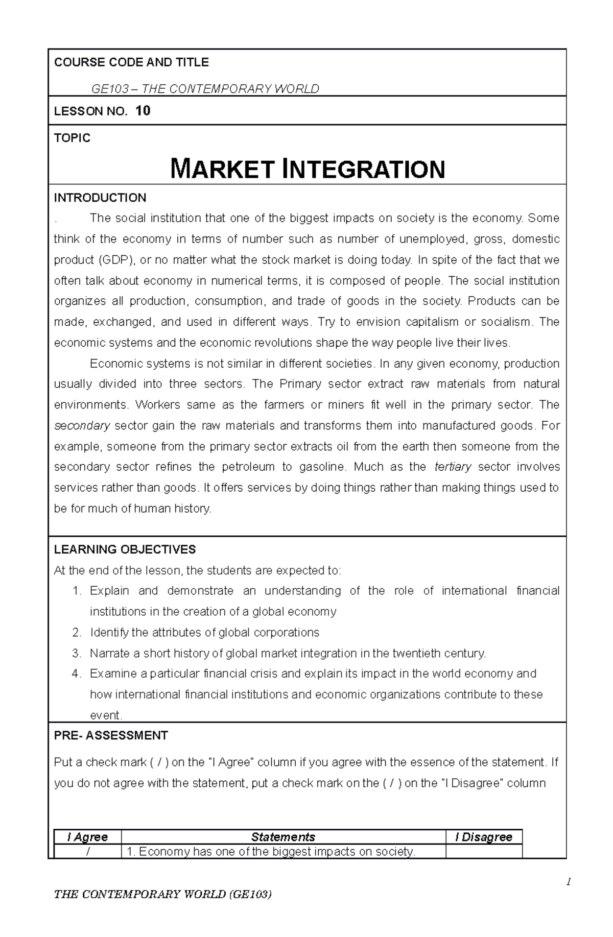GE103 - The Contemporary World: Week 10 Lesson on Market Integration ...