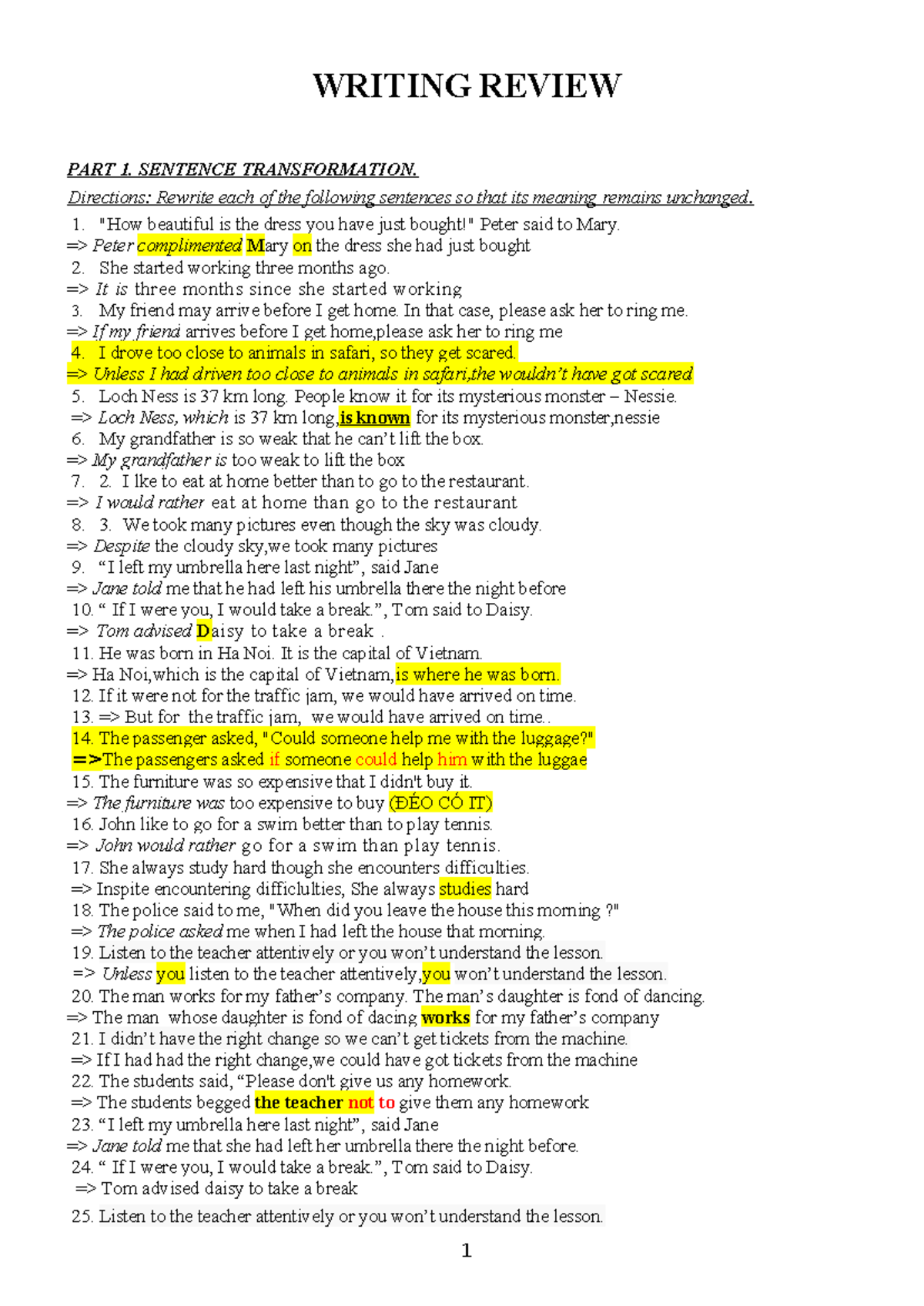 WRITING REVIEW PART 1: SENTENCE TRANSFORMATION EXERCISES - Studocu