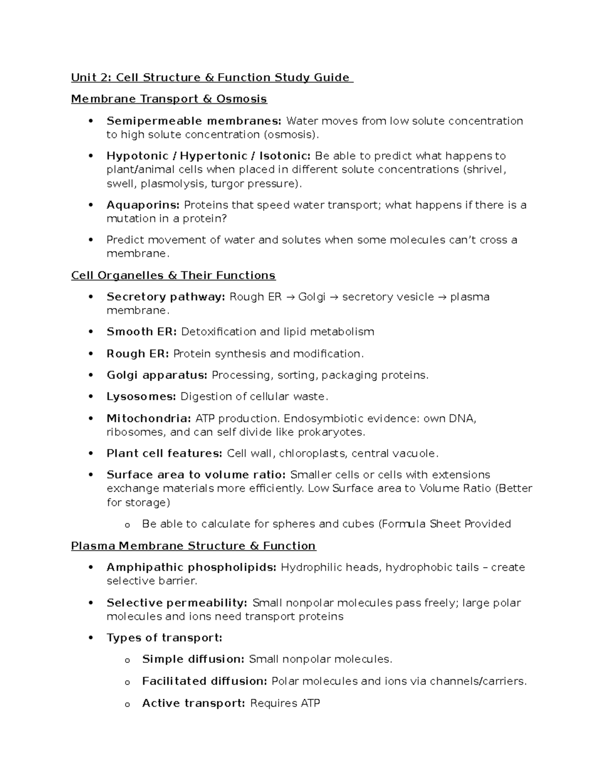 Unit 2: Cell Structure & Function Test Study Guide - Studocu