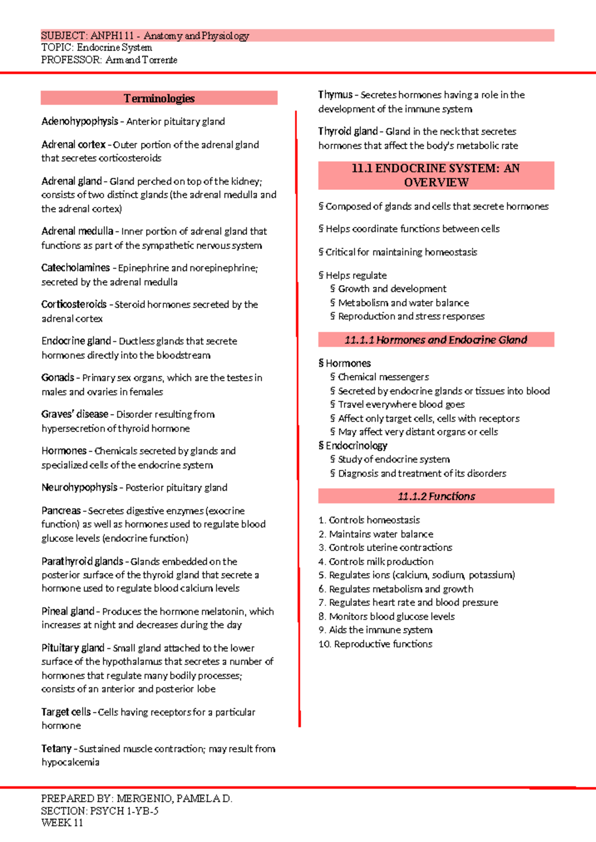 Psych 1-YB: Endocrine System Lecture Notes by Armand Torrente - Studocu