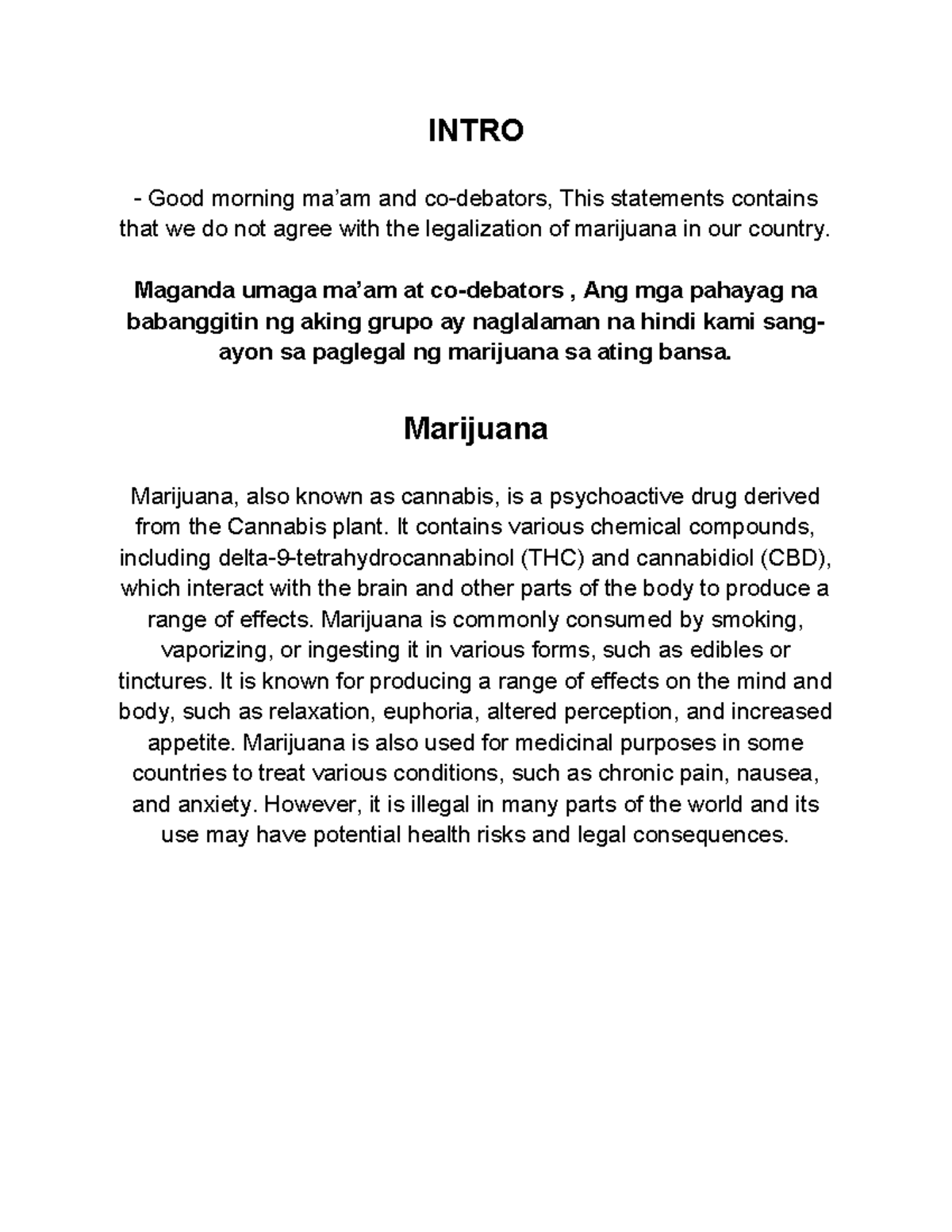 Debate Research 10-OLL: Arguments Against Marijuana Legalization - Studocu