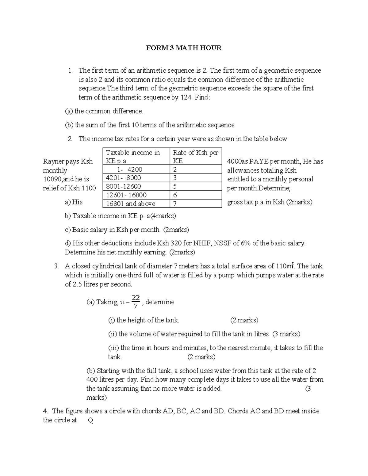 FORM 3 MATH HOUR 1: Sequences, Taxation, and Geometry Problems - Studocu