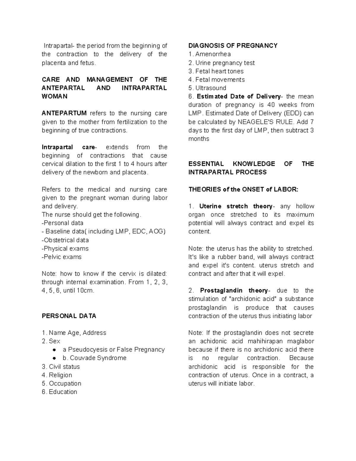 Care and Management of Antepartum and Intrapartum Women (Nursing) - Studocu