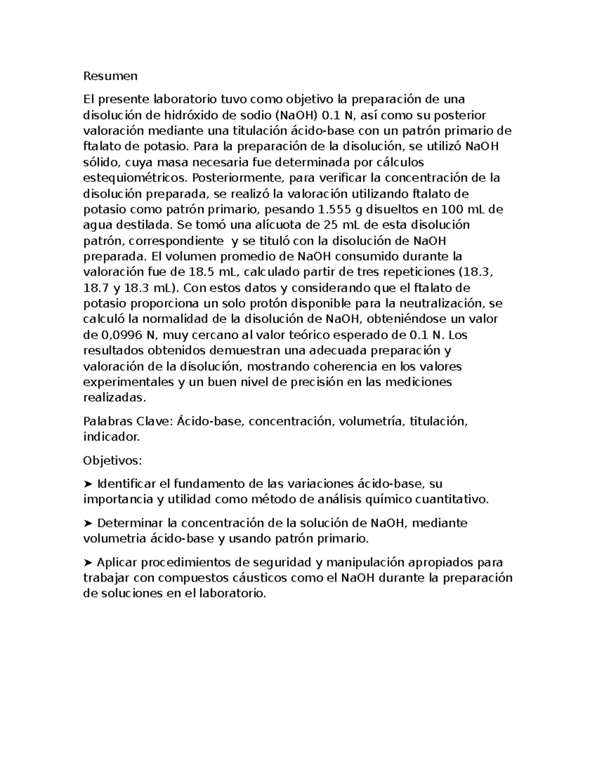 Informe de Laboratorio: Valoración de NaOH 0.1 N mediante Ftalato de ...