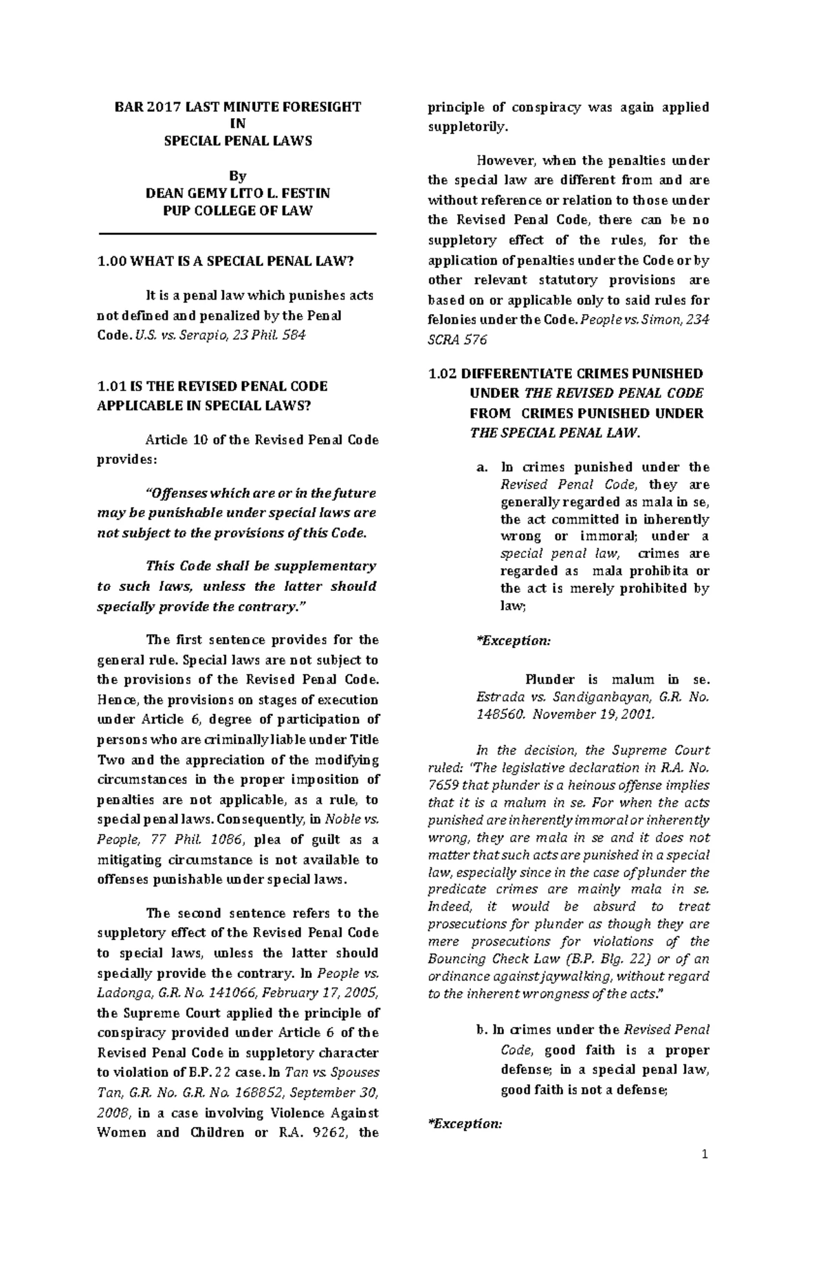 Special penal laws - SPECIAL PENAL LAWS Fiscal Freddie Nojara San ...