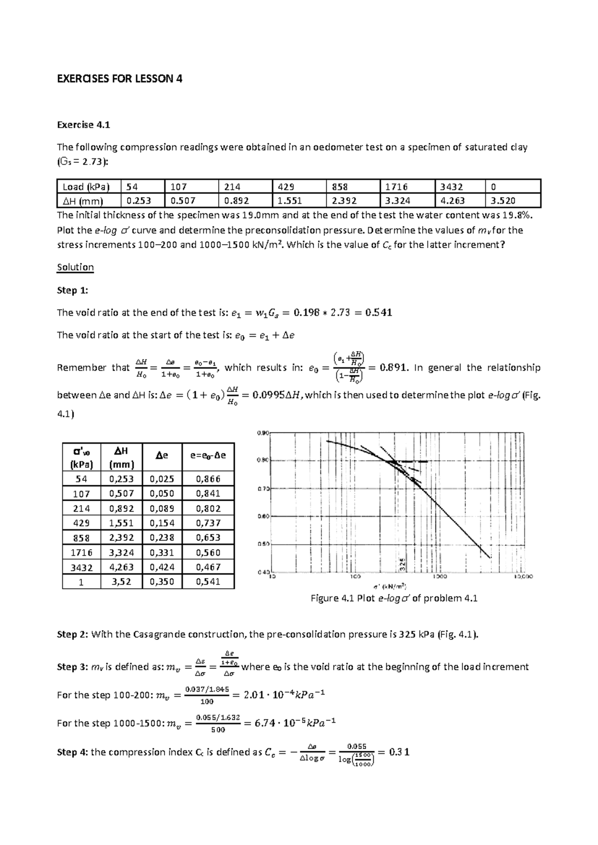 Exercises for Lesson 4: Oedometer Test Analysis and Calculations - Studocu