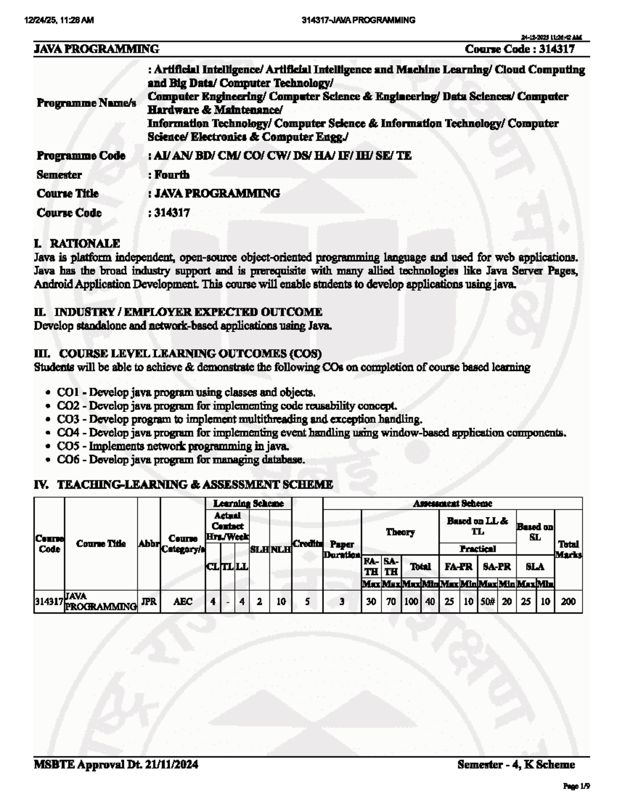 JAVA PROGRAMMING Course Code: 314317 - Comprehensive Study Guide - Studocu