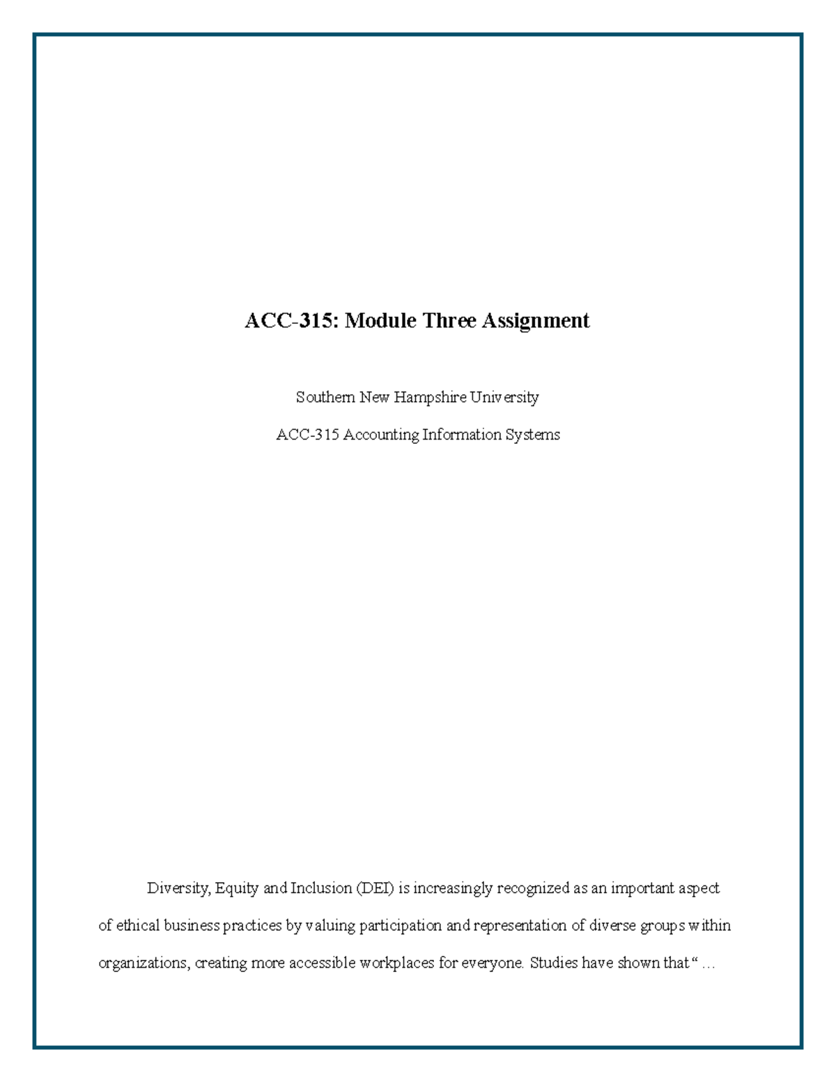 ACC-315: Module Three Assignment on Diversity, Equity, and Inclusion ...