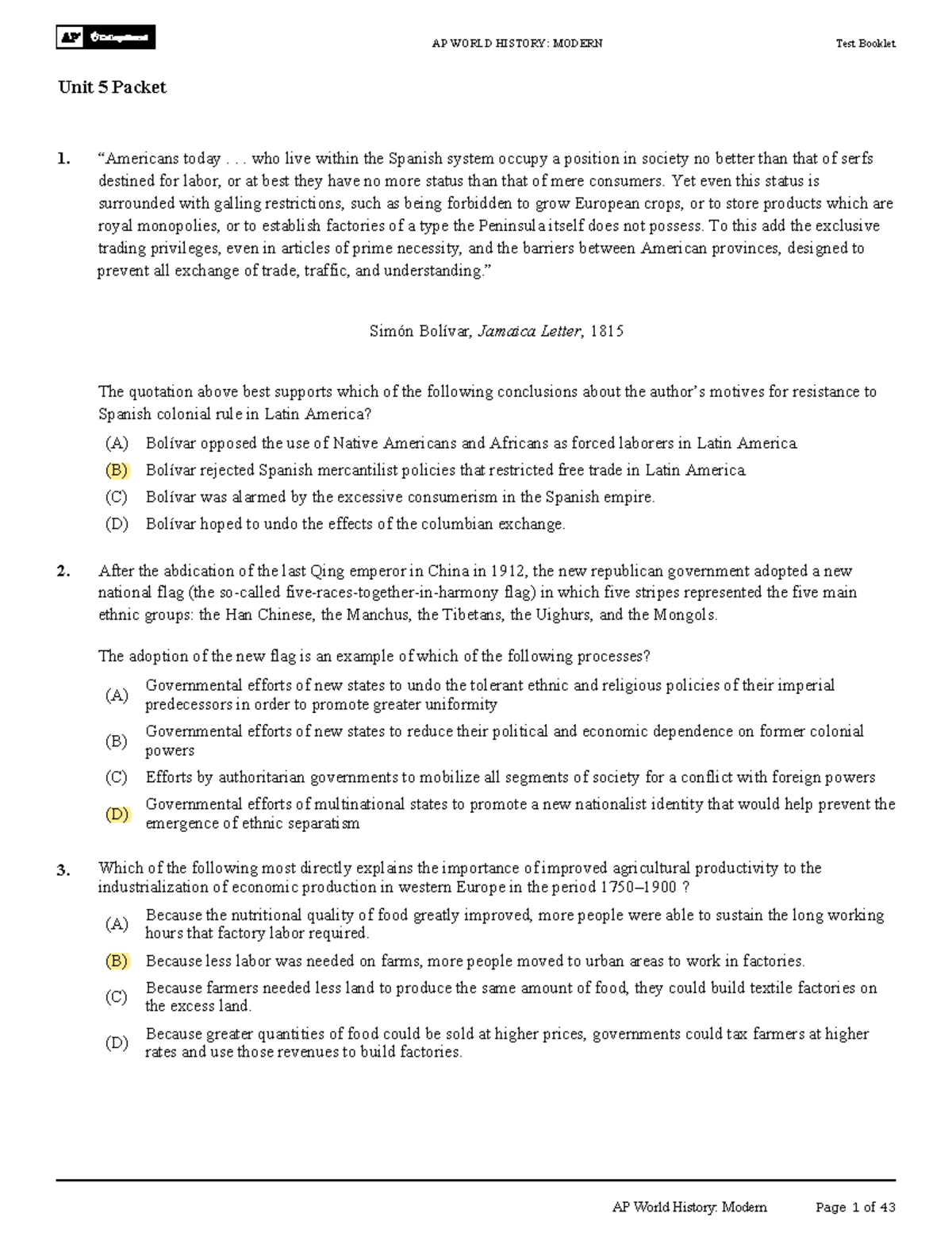 AP World History: Modern Test Booklet Unit 5 Study Guide - Studocu