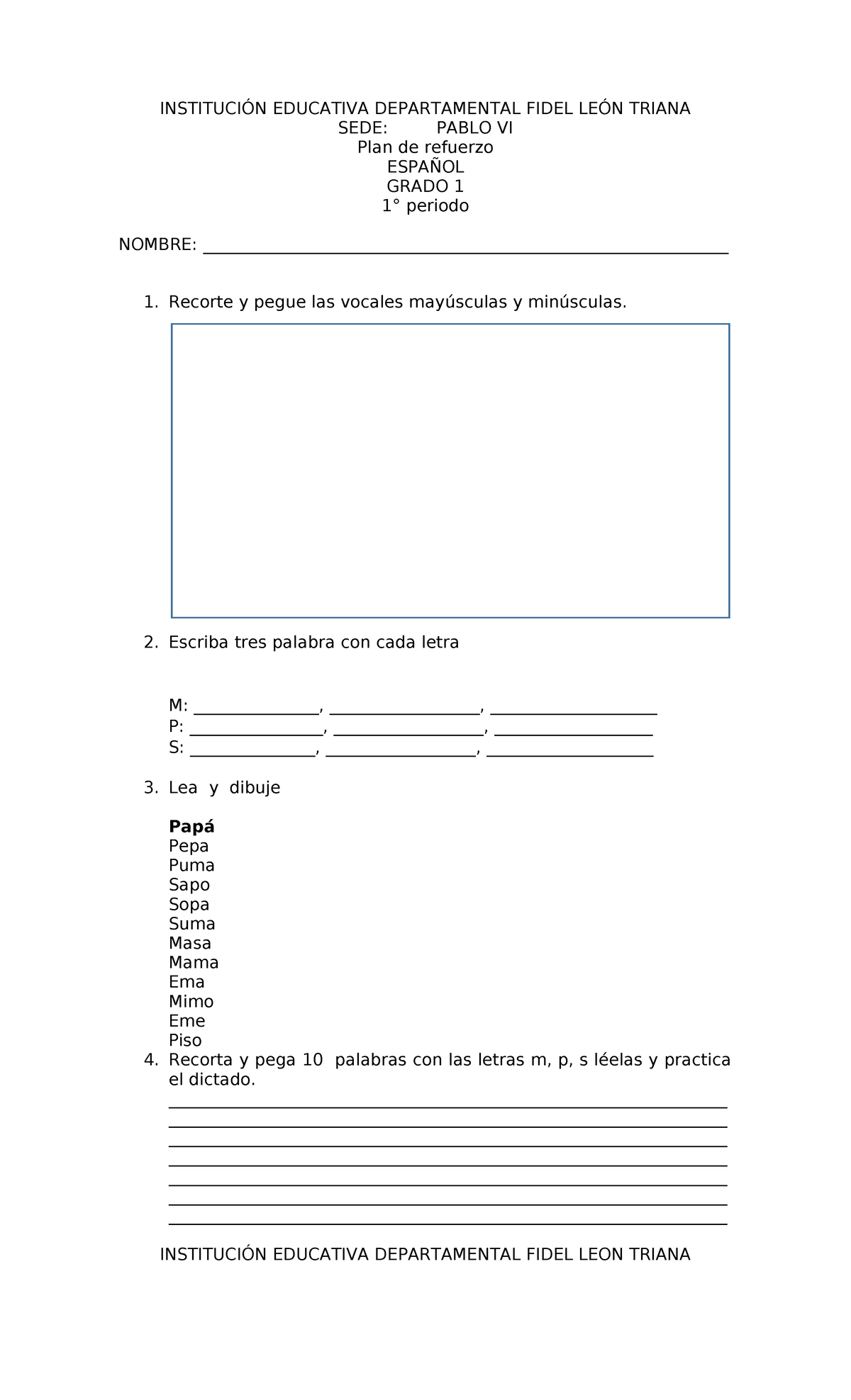 Refuerzo de Español y Matemáticas Grado 1 - Plan de Estudio - Studocu