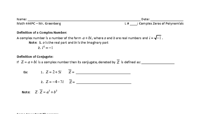 Complex Zeros of Polynomials - Lesson Notes (Math Mr. Greenberg) - Studocu