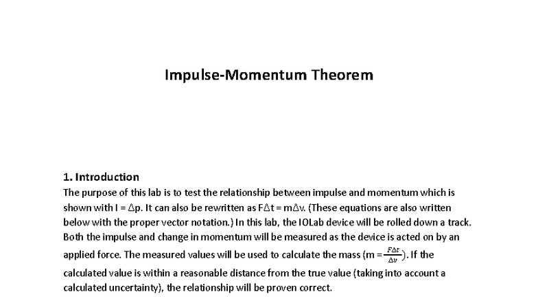 Physics 131 Lab 3: Exploring Impulse and Momentum Relationships - Studocu