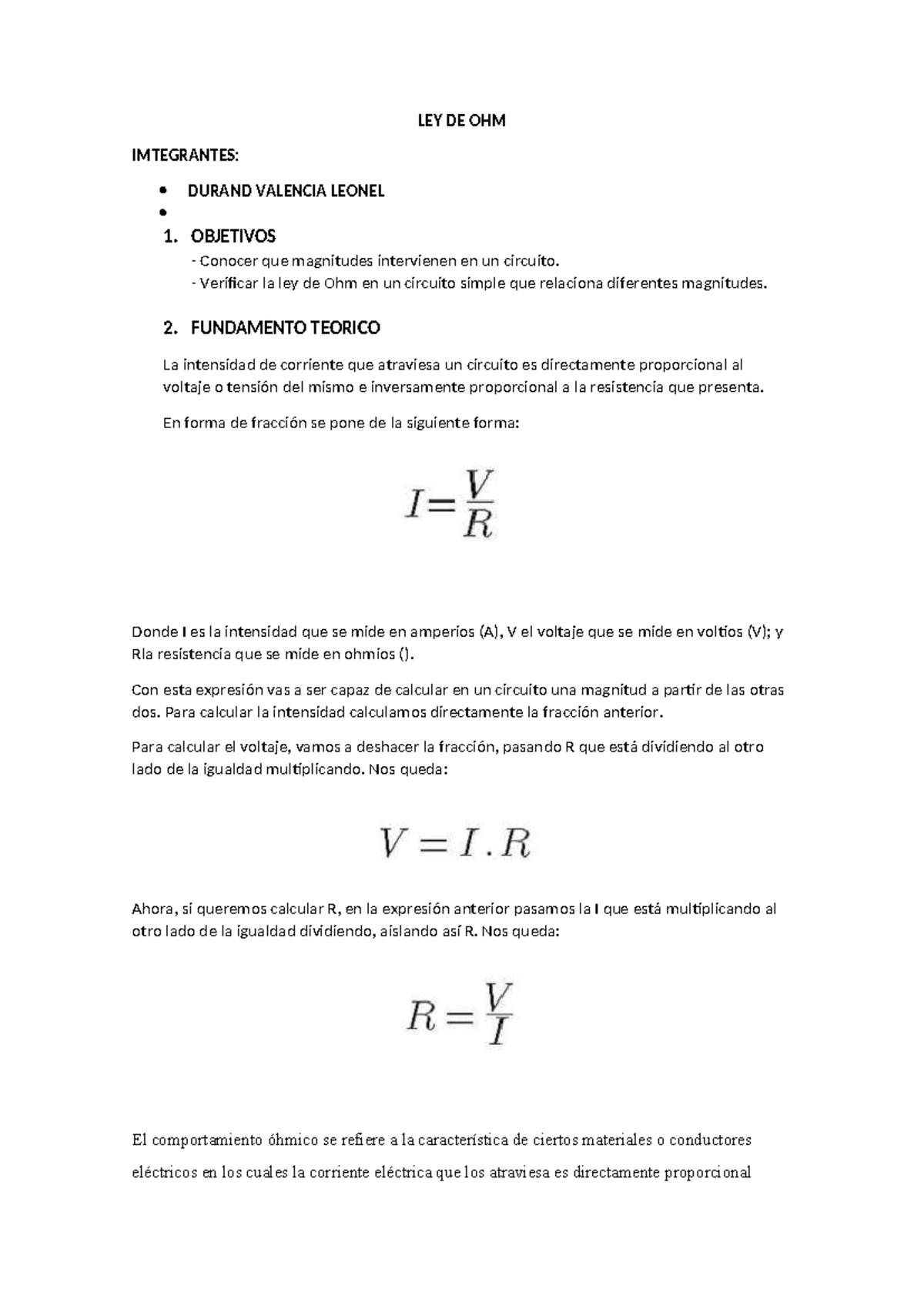 Informe de Lab: Ley de Ohm - Resultados y Análisis - Studocu