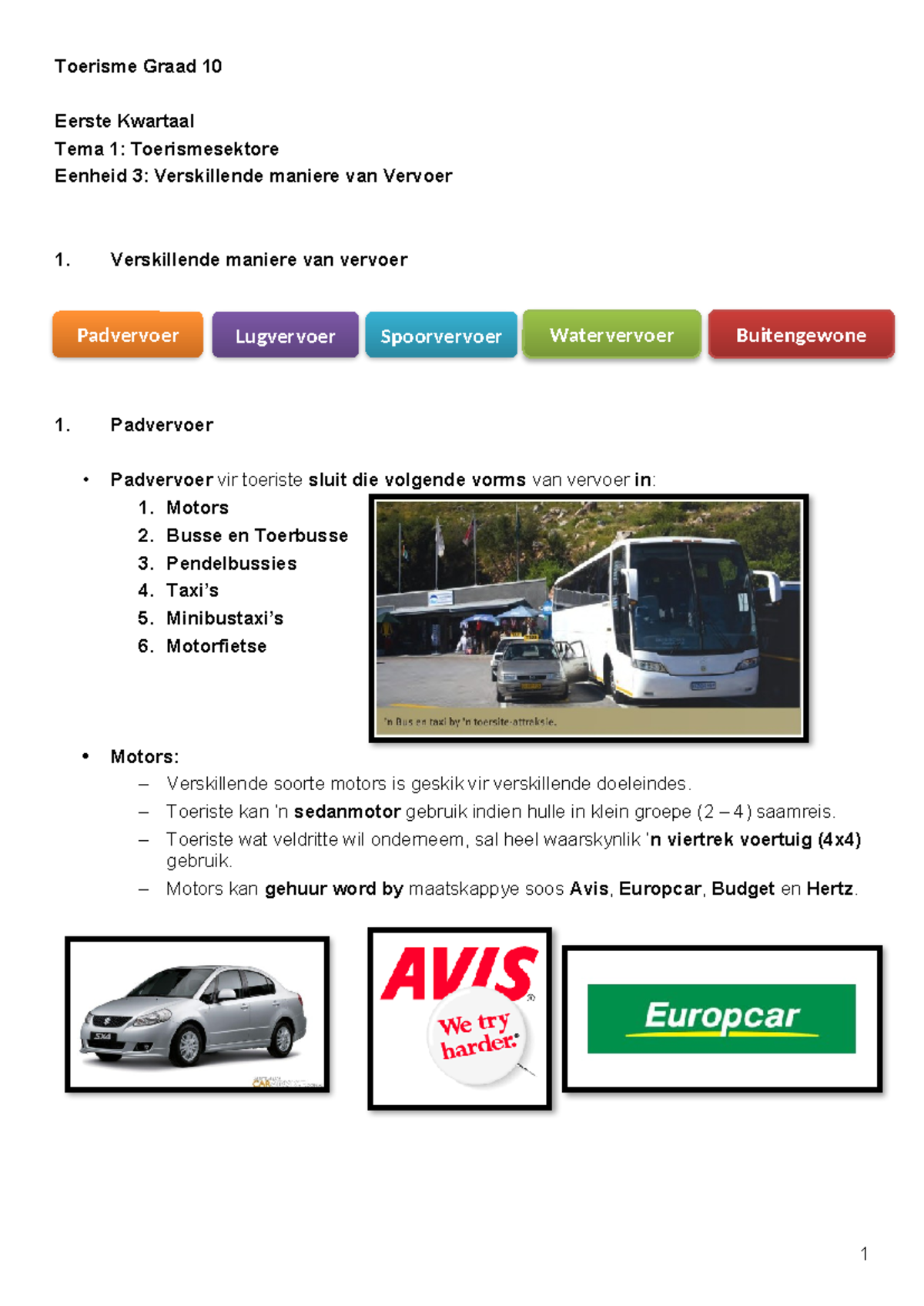 Graad 10 Toerisme: Eenheid 3 Vervoermetodes en Beskikbaarheid - Studocu